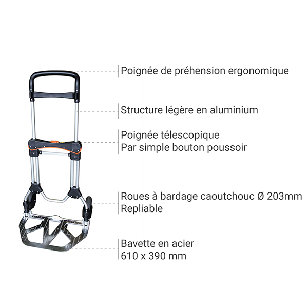 Diable pliant et télescopique avec capacité de 200kg