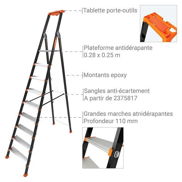 Escabeau pro en aluminium époxy avec grandes marches