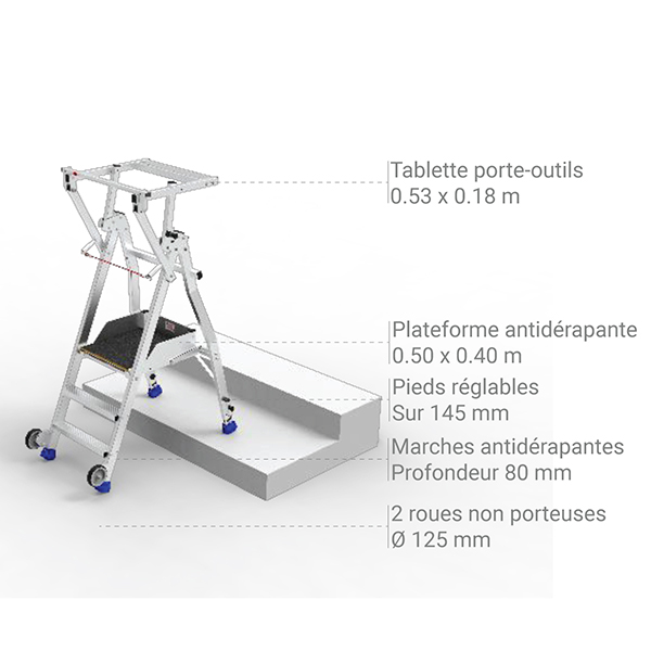 Escabeau PIRL roulante et pliante avec pieds réglables