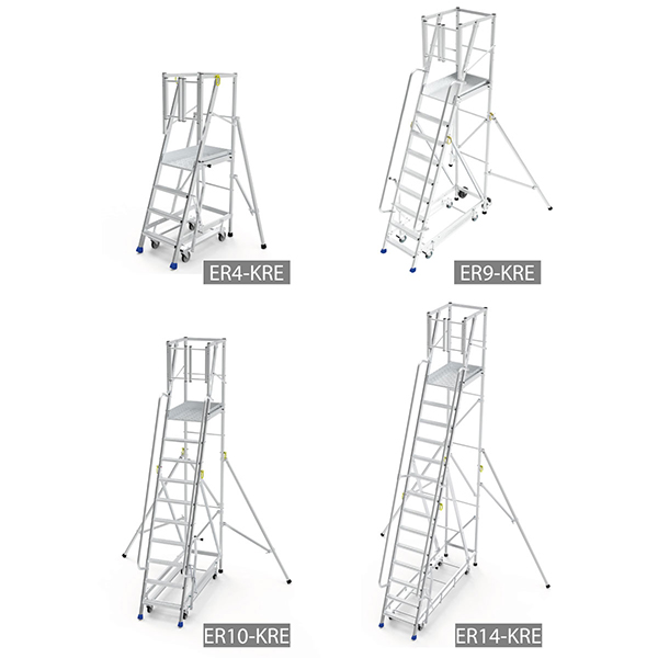 Escabeau roulant avec 4 roues escamotables par levier