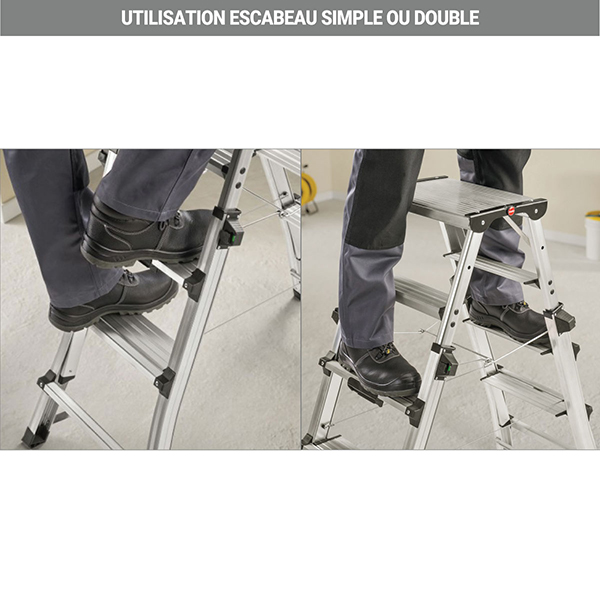 Escabeau double télescopique avec grandes marches
