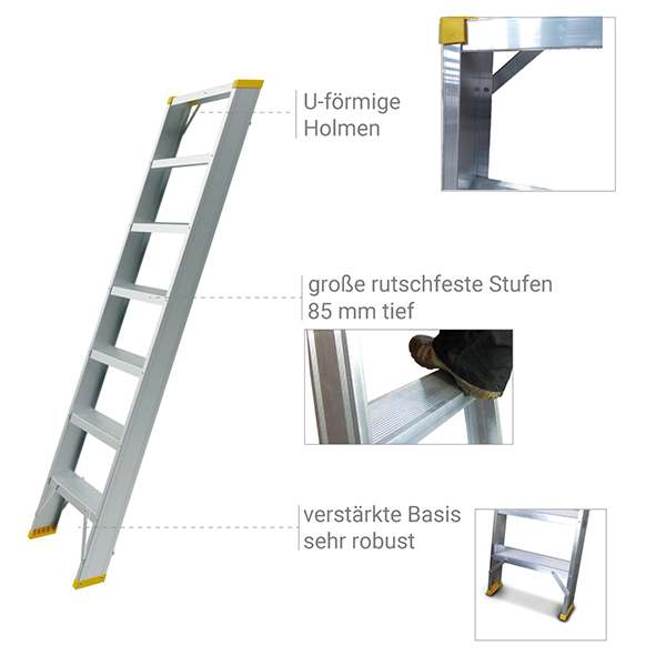 Alu Stufenleiter mit rutschfesten Leiterschuhen