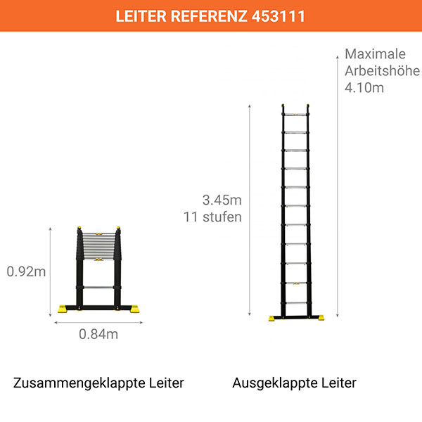 Teleskopleiter aus Aluminium speziell für große Arbeitshöhe geeignet.