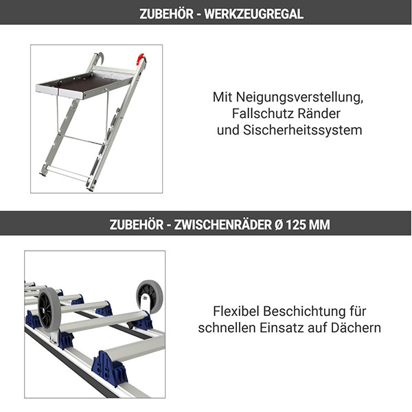 verlängerbare Dachleiter mit firstbügel und 5 Leiterelementen bis 7,42m.