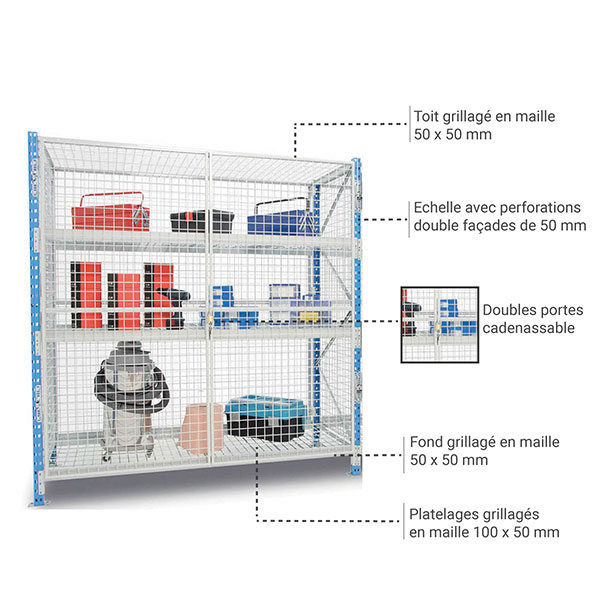 Rack grillagé 3 niveaux : Hauteur 2500mm - Profondeur 600mm
