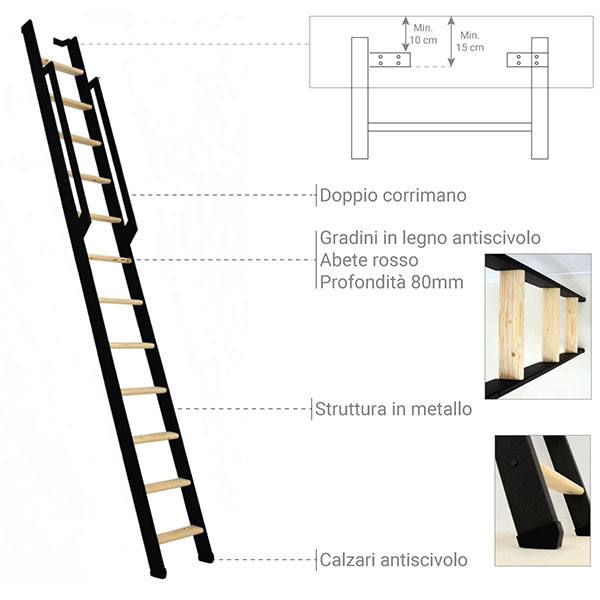 Scala per soppalco in metallo con gradini in legno