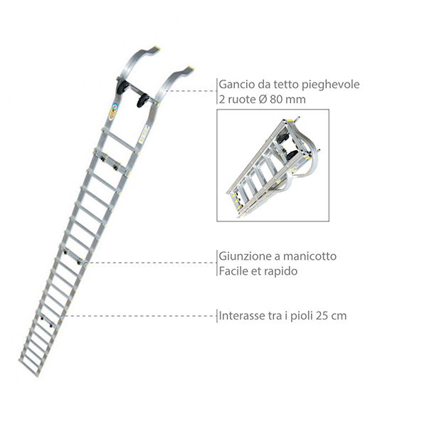 Scala per tetto con gancio pieghevole e interasse di 25cm