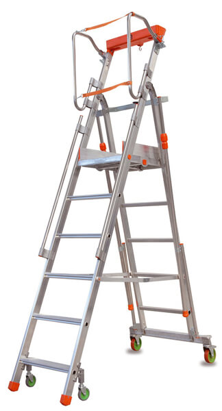 Scala a castello con ruote dotata di un sistema di blocco automatico.