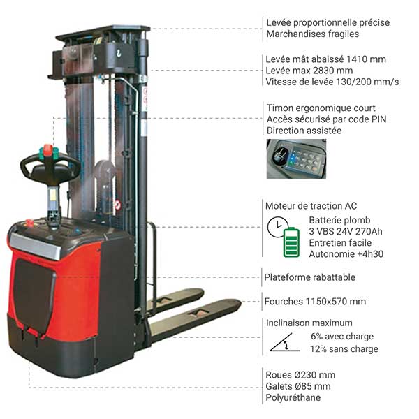 Gerbeur électrique autoporté à direction assistée - 1200kg