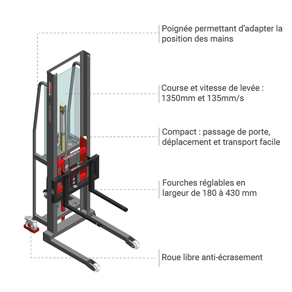 Gerbeur semi-électrique fourches réglables - Levée max 1350 mm