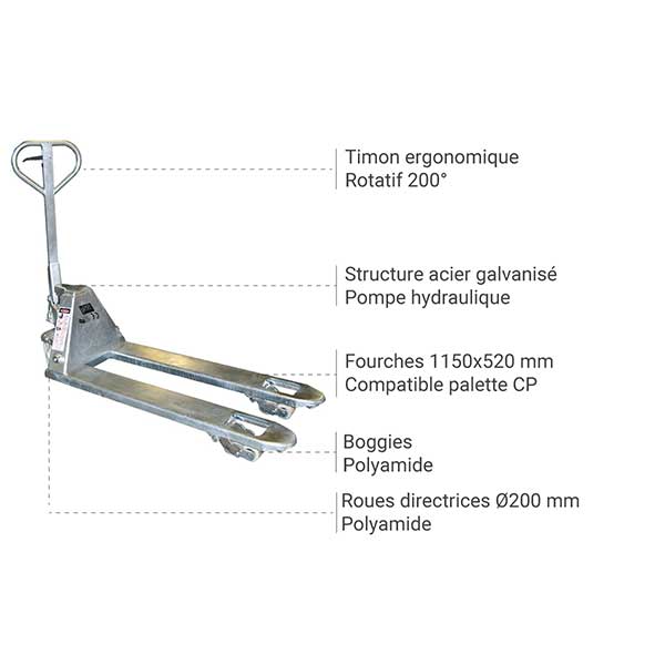 Transpalette galva pour agroalimentaire, pharmaceutique, bord de mer